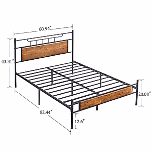 VECELO Queen Size Bed Frame with Wood Headboard, Strong Metal Slats Support for Platform,No Box Spring Needed,Easy Assembly,Rustic Brown