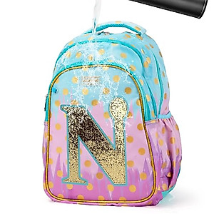 SARHLIO Kids Backpack with Pencil Case, Glitter Galaxy Elementary School Girls School Bag Large 16 Inch Bookbag with Letter N Sparkling Sequin Tower Design