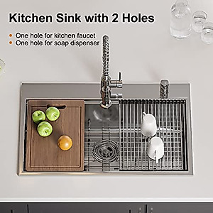 HOROW 33 inch Drop In Workstation Kitchen Sink, 18 Gauge Topmount Drop In Sink for Kitchen, sus 304 Stainless Steel Sink with 2 holes, Deep Single Bowl Kitchen Sink with Accessories, 33"x22"x10"