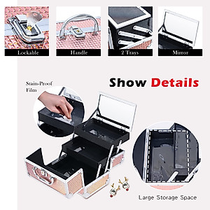 Joligrace Makeup Box Cosmetic Train Case Jewelry Organizer Lockable with Keys and Mirror 2-Tier Tray Portable Carrying with Handle Travel Storage Box