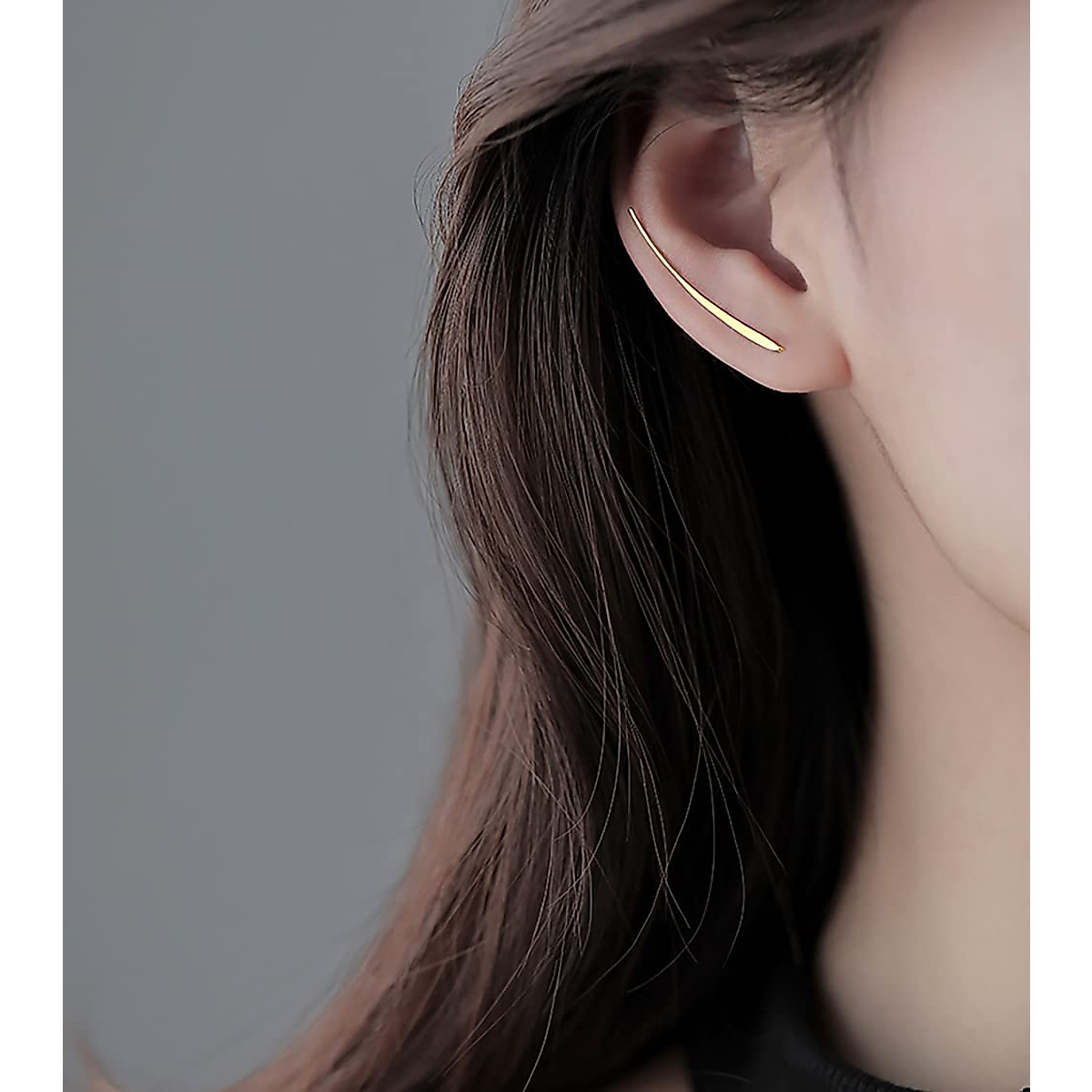 Reffeer Solid 925 Sterling Silver Bar Ear Climber Earrings Cuffs for Women Girls Curved Bar Wrap Earrings Minimalist (B-Gold)