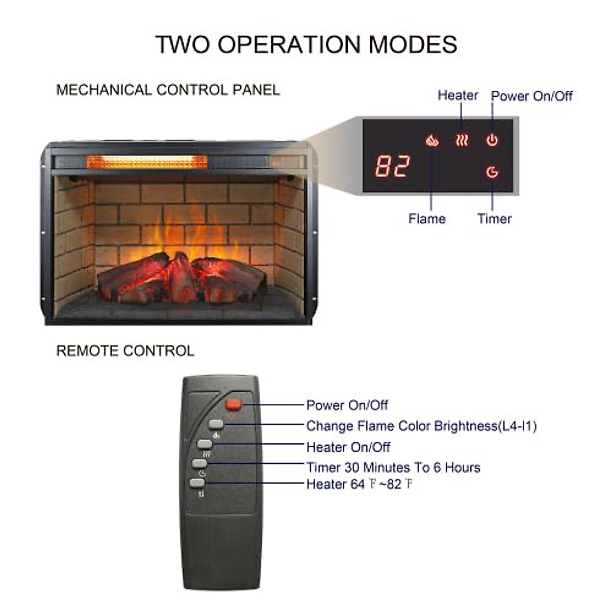 TINGSING 26" Infrared Quartz Electric Fireplace Insert, Indoor Fireplace Heater, Recessed Fireplace Heater with Adjustable Flame Effects, Timer, Thermostat, Remote Control, woodlog Version with Brick
