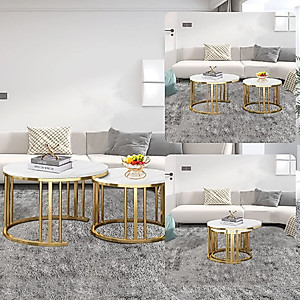 QLJJSD Round Nesting Coffee Table Set of 2 Modern Cocktail Table with Metal Frame for Living Room Small Spaces White and Gold(Desktop Size 28"+20")