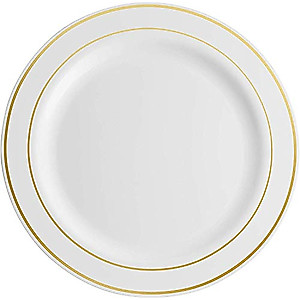 Munfix 600 Piece Gold Dinnerware Set - 100 Gold Rim 10 inch Plastic Plates 100 Gold Rim 7 Inch Plates -300 Gold Plastic Silverware - 100 Gold Plastic Cups - 100 Guest Disposable Gold Dinnerware Set