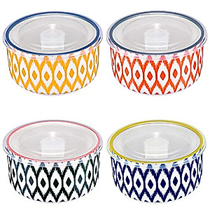 Miicol Ceramic Bowls Set with Lids, Porcelain Food Storage Containers, Porcelain Prep Bowls for Kitchen, Microwave & Dishwasher Safe, Assorted Patterns, 23 Ounces, Set of 4