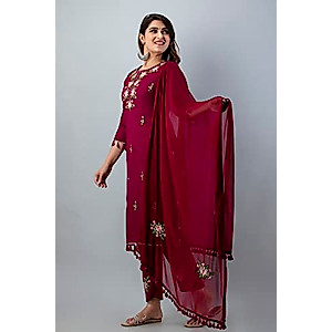 JG Women's Ethnic Wear Collection Rayon Straight Embridered Kurti & Pant Set With Dupatta Readymade Salwar Suit For Women Casual Wear(Maroon-X-Large Size)