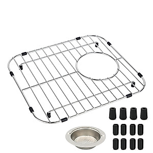 Kitchen Sink Grid, 11-3/4" x 13-1/4" Sink Protectors for Kitchen Sink with Rear Drain, Sink Rack for Bottom of Sink, 304 Stainless Steel Sink Rack with Strainer