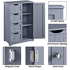 Yaheetech Bathroom Floor Cabinet, Freestanding Storage Oragnizer Unit Kitchen Cupboard W/ 4 Drawers & Adjustable Shelves, Using for Living Room/Kitchen/Bathroom, Gray
