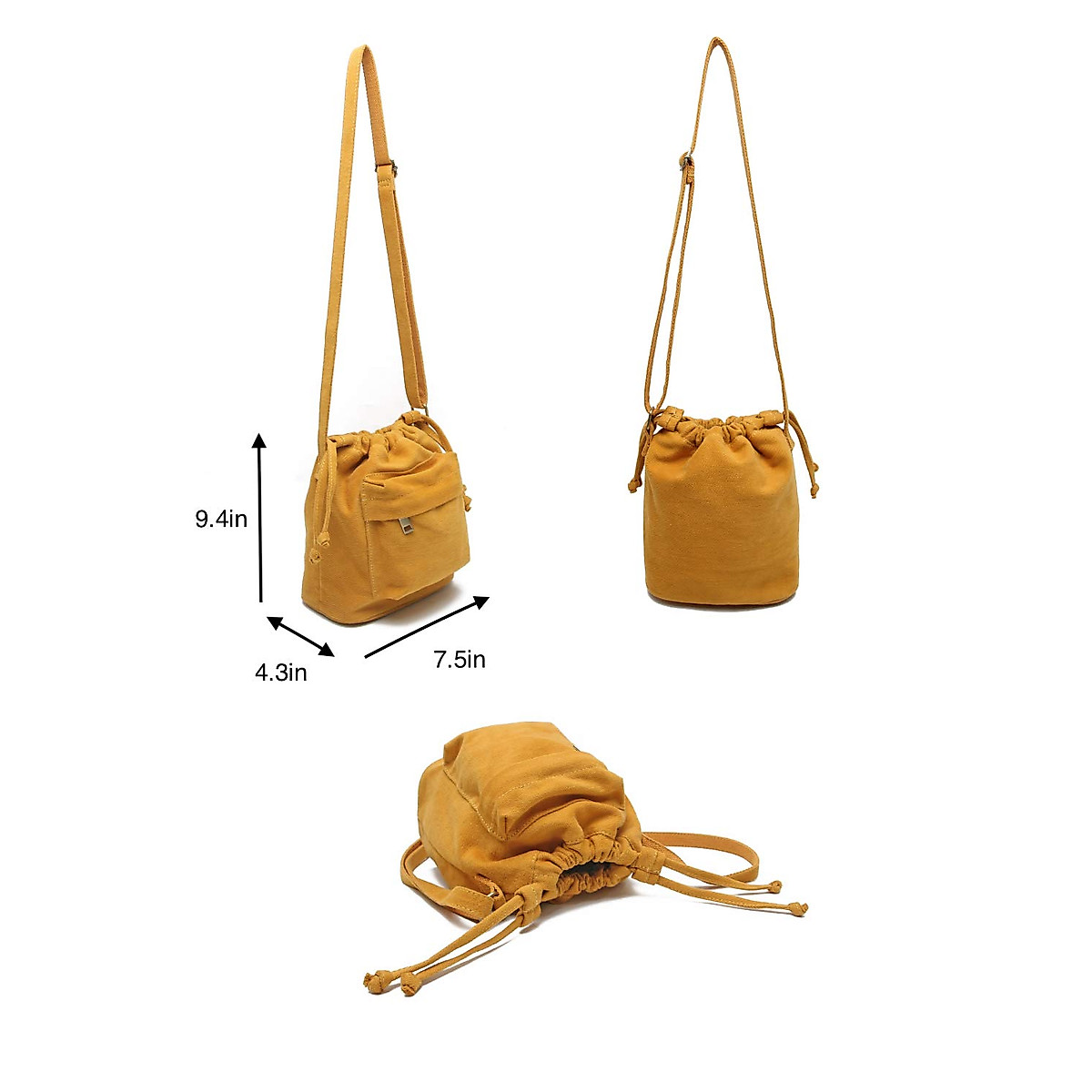 Jeelow Small Canvas Bucket Crossbody Cellphone Bags Drawstring Purses For Men & Women (Black Drawstring)