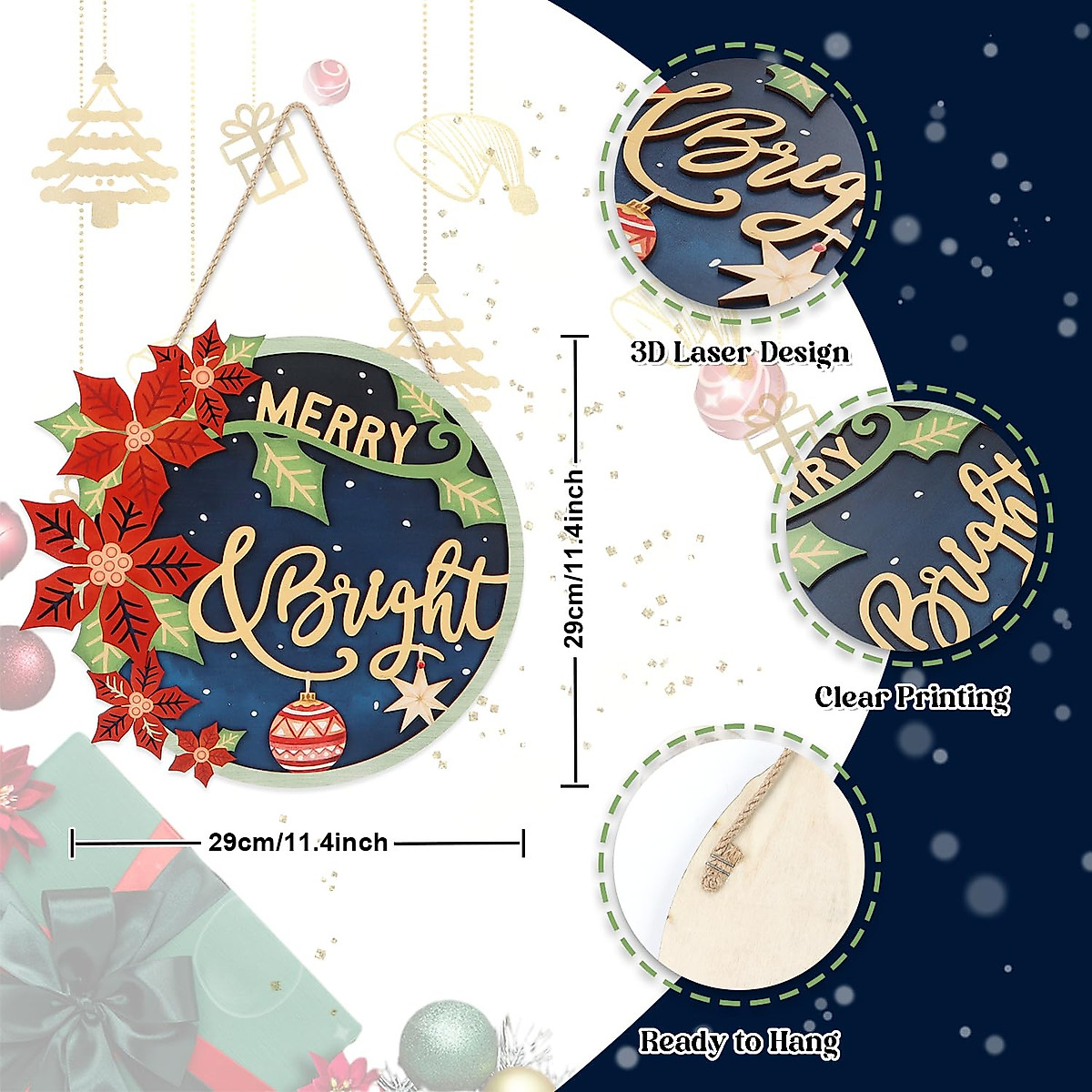 CHDITB Christmas Decoration Merry & Bright Door Sign(11.4"x11.4"), Wooden 3D Christmas Wall Hanging Sign with Mistletoe Jingle Bell, Cute Housewarming Gift for Home Office Xmas New Year