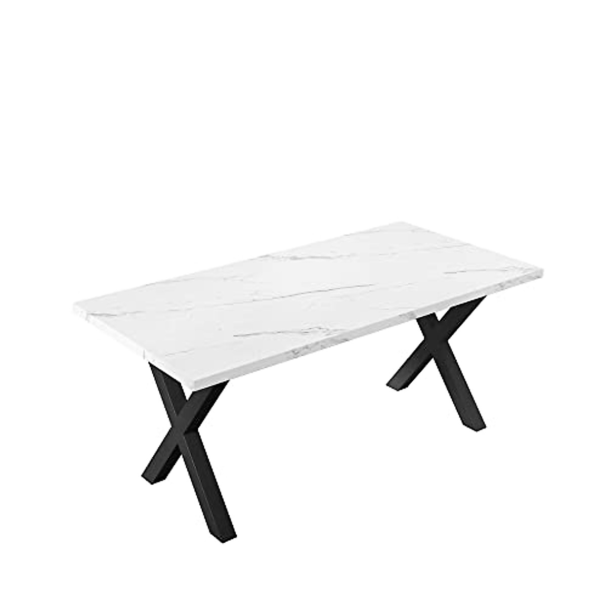 70.87" Faux Marble Dining Table, Modern Rectangular Dining Table with Printed Marble Table Top and X-Shape Stainless Steel Table Leg/Metal Base for Kitchen & Dining Room（White Top+ Black Legs）