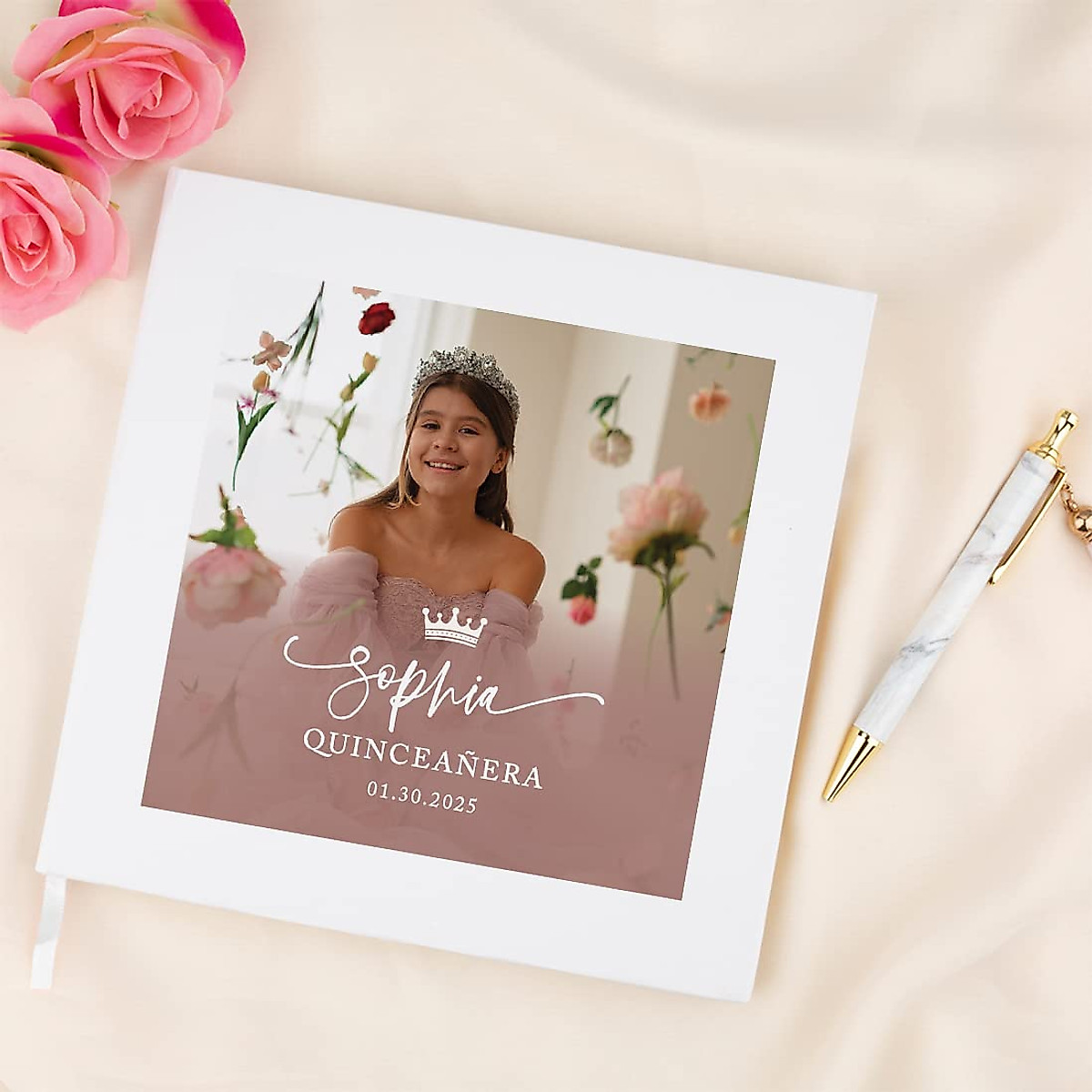 Andaz Press Personalized Quinceañera Guest Book with Gold Accents, Custom Photo White Script 120 Pages 8.5"x8.5" Hard Cover Photo Album for Mis Quince Años XV Sweet 15th Birthday Decorations, 1-Pack