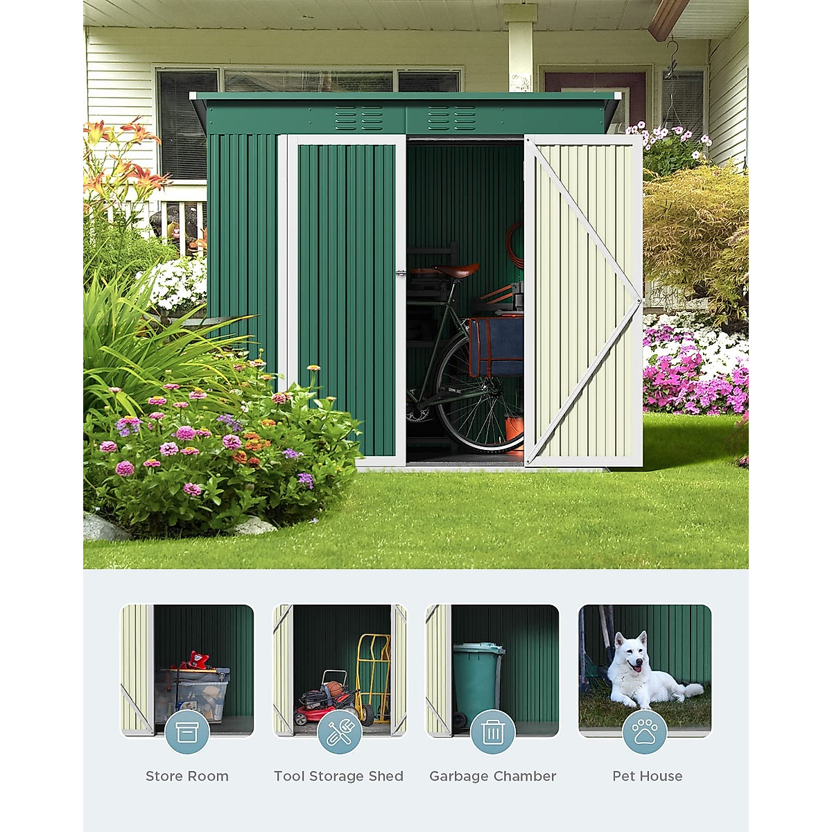 Bealife 6' x 4' Outdoor Storage Shed Clearance, Metal Outdoor Storage Cabinet with Double Lockable Doors, Waterproof Tool Shed, Backyard Shed for Garden, Patio, Lawn (Green)