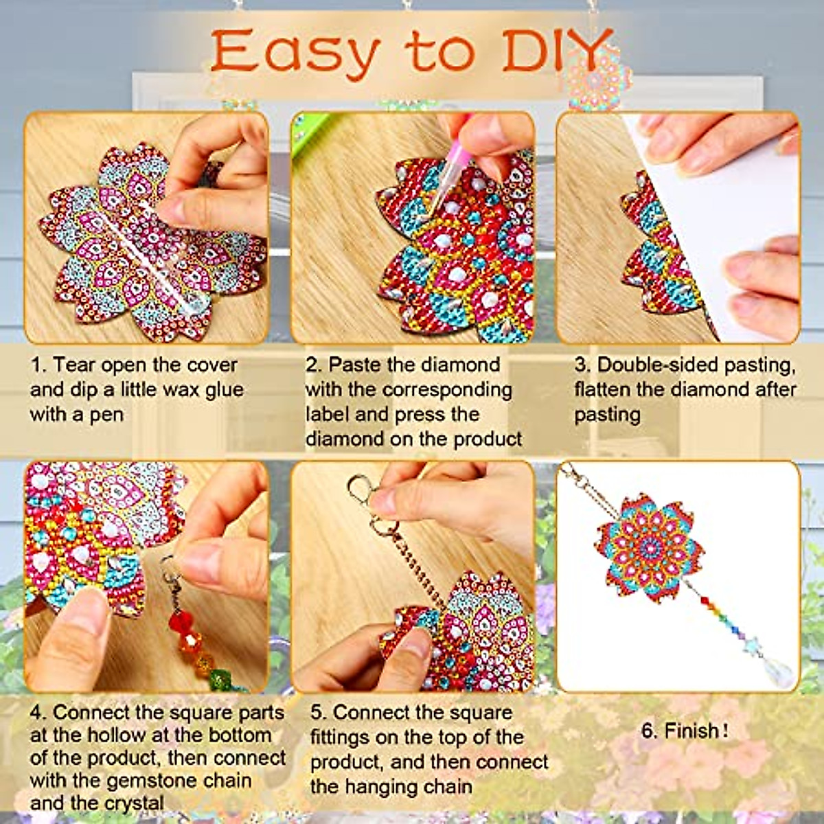 Macarrie 3 Pack Rhinestone Painting Suncatcher Wind Chime Double Sided Crystal Rhinestone Painting Hanging Ornament Flower Shape Suncatcher Kit for Adults DIY Window Home Garden(Stylish Style)