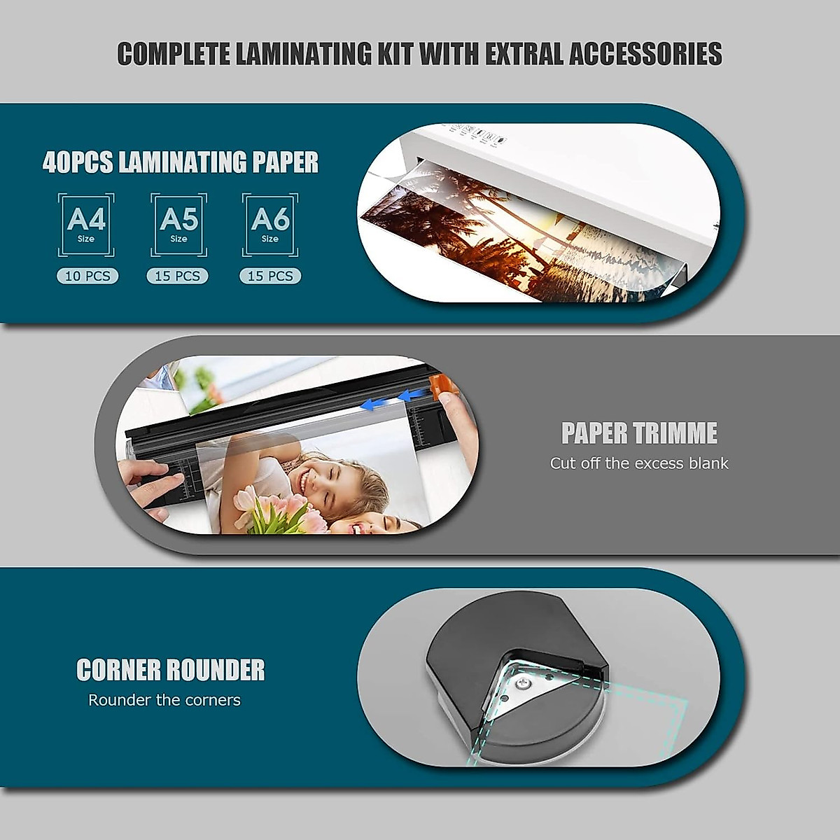 Laminator, 4 in 1 Laminator Machine with 40 Laminating Sheets, A4 Laminating Machine Hot and Cold with Paper Trimmer and Corner Rounder, 9 Inches Personal Thermal Laminator for Home School Office