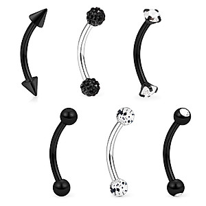 Dyknasz 6 Pcs 16G Stainless Steel Eyebrow Piercing Rings Clear CZ Curved Barbell Helix Daith Piercing Body Jewelry for Women Men Black