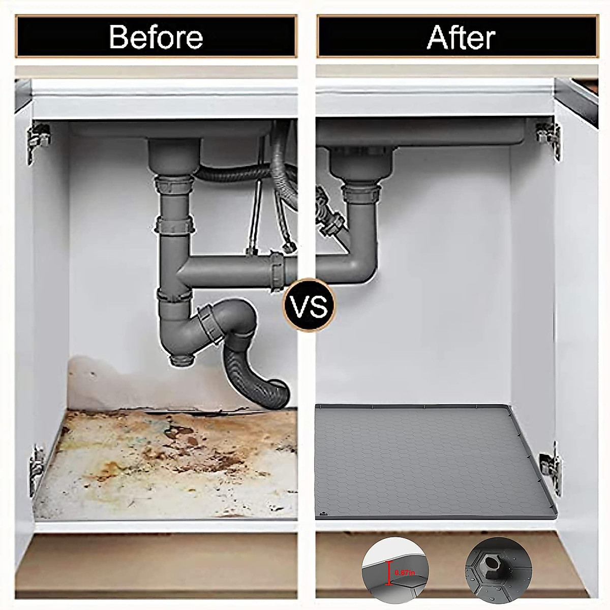 Under Sink Mats for Kitchen Waterproof 34"x 22", Under Kitchen Sink Mat Drip Tray Protector Liner Flexible Silicone with Drain Hole for Kitchen Bathroom Cabinet Gray