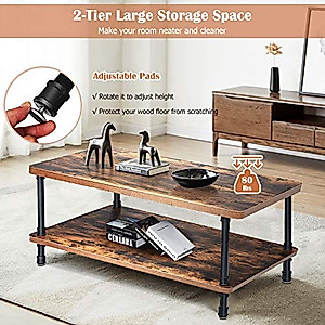 Giantex Retro Coffee Table W/Thick Tabletop, Industrial Steel Pipe Legs & 2-Tier Storage Shelf Accent Table for Living Room, Reception Room, Easy Assembly Center Table, Rustic Brown