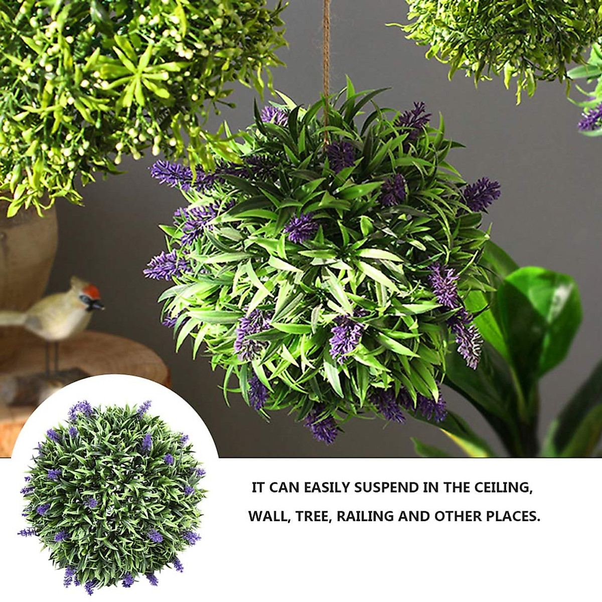 DOITOOL 2pcs Artificial Topiary Lavender Ball Fake Plant Topiary Ball Lavender Decorative Hanging Balls Round Ornaments Balls for Courtyard Garden Gate Balcony Wedding and Home Decoration 20cm