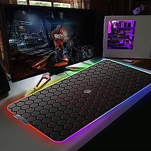 Gaming Mouse Pads Hexagon Geometric Art Pattern Extended Gaming RGB Mouse Pad,Keybord Pad Soft LED Mouse Pad,with 14 Lighting Modes 7 Colors Mouse Mat,Anti-Slip Rubber Base for Gamer,300X700mm