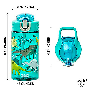 Zak Designs Kids Water Bottle For School or Travel, 16oz Durable Plastic Water Bottle With Straw, Handle, and Leak-Proof, Pop-Up Spout Cover (Dinosaur)