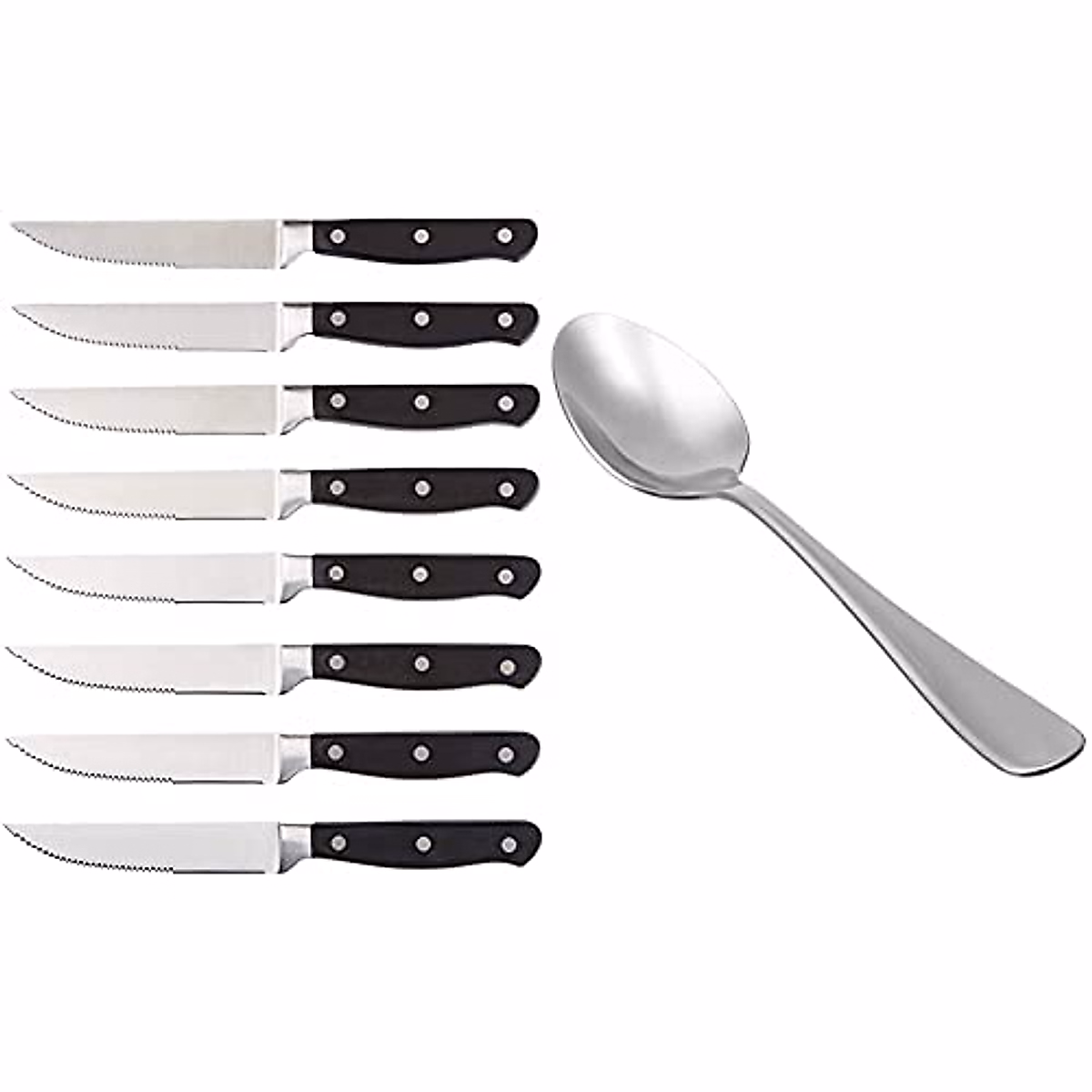 Amazon Basics Premium 8-Piece Kitchen Steak Knife Set, Black & Stainless Steel Dinner Spoons with Round Edge, Pack of 12