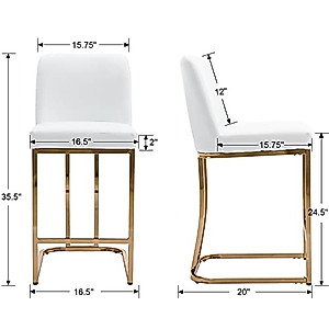 BESTANO Mid-Century Modern Gold Counter Height Bar Stools with Back, 24" Leather Upholstered Counter Stool Chairs for Kitchen Island Set of 4, White Leather