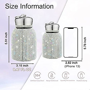 Tmore Glitter Rhinestone Water Bottle Bling Diamond Stainless Steel Thermal Bottles 9.47oz/280ml Sparkling Refillable Insulated Vacuum Thermoses with Chain (Silver)