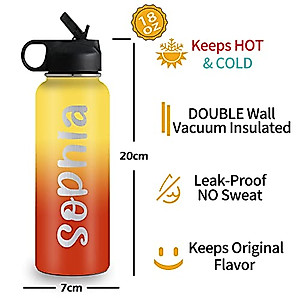 Personalized Water Bottles for Kids, 18 oz Custom Name Water Bottle With Straw, Insulated Stainless Steel Reusable Waterbottle Gifts for School Girls Boys Men Women - Ombre Color