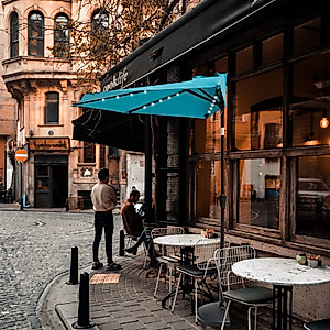 FLAME&SHADE 9 ft Half Round Solar Powered Outdoor Market Patio Table Umbrella for Wall Balcony with LED Lights and Tilt, Aqua Blue