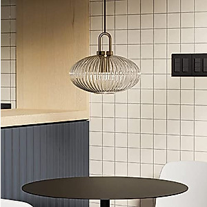 Debbte Industrial Vintage Pendant Lighting with Ribbed Glass Lamp Shade and Bronze Finish, Modern Retro Ceiling Light Hanging Lamp for Bedside Dining Table Kitchen Island (Transparent, 11.8")