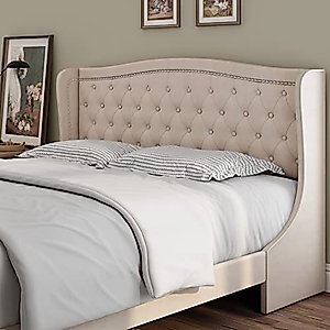 HOSTACK Full Size Bed Frame, Modern Upholstered Platform Bed with Wingback Headboard, Heavy Duty Button Tufted Bed Frame with Wood Slat Support, Easy Assembly, No Box Spring Needed(Beige, Full)