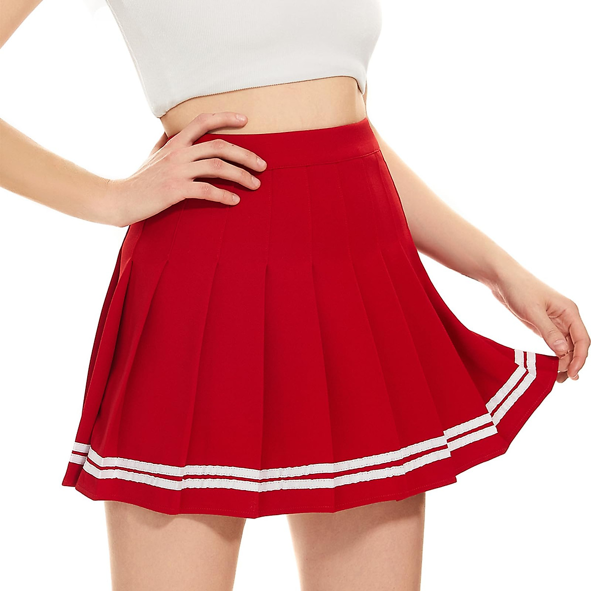 DRESS NICES Women Pleated Skirt A-Line Short Mini Basic Skirt School Uniform Cheerleader Skirts Skater Skirt Red White Strip M