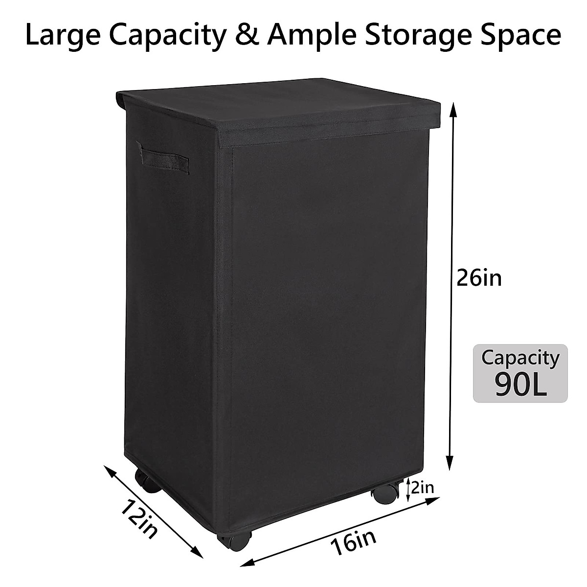 WOWLIVE 90L Large Laundry Hamper with Lid and Wheels Rolling Collapsible Laundry Basket Handle Foldable Tall Dirty Clothes Hamper Dorm Room Storage for Bedroom Bathroom, Black