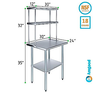 AmGood Stainless Steel Work Table with 12" Wide Double Tier Overshelf | Metal Kitchen Prep Table & Shelving Combo | NSF (Stainless Steel Table with Double Overshelves, 30" Long x 24" Deep)
