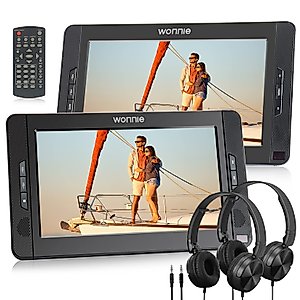 Wonnie 10.5inch Dual Portable DVD Player for Car, Headrest Kids CD Players with Two Headphones Built-in 5 Hours Rechargeable Battery, Support USB/SD/MMC,Regions Free,AV Out & in ( 1 Player+1 Monitor )