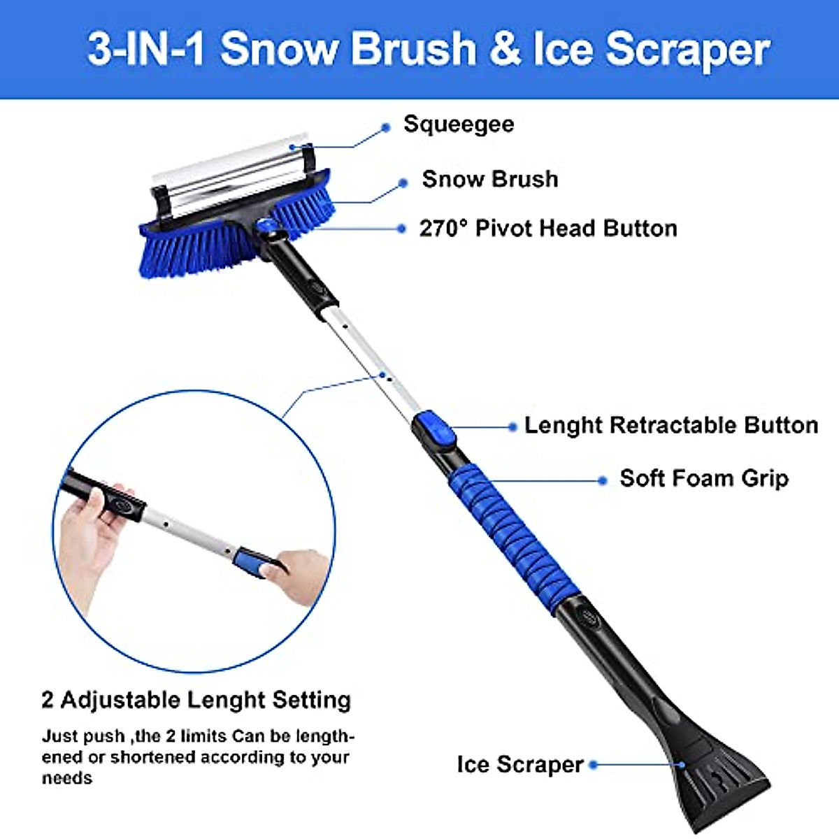 TESSONO Ice Scraper for Car Windshield, Extendable Snow Brush with 270° Pivoting Brush Head,3-in-1 Car Snow Scraper and Brush with Ergonomic Foam Grip for Car Windshield, Trucks, SUVs (Blue)