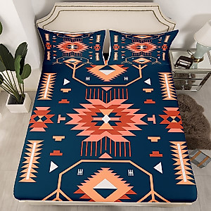 Southwest American Fitted Sheet Twin Size Indian Tribal Aztec Style Deep Pocket Sheet Vintage Navy Blue Red Bedding Set 2pcs for Kids Teens Adults Room Decor Abstract Art Sheet Set,1 Pillowcase