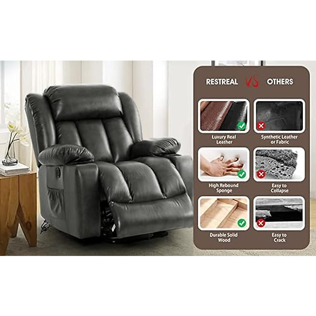COOSLEEP Large Power Lift Recliner Chair with Massage and Heat for Elderly, Overstuffed Wide Recliners, Breathable Leather with Breathable microporous, USB Ports, 2 Cup Holders (Gray)