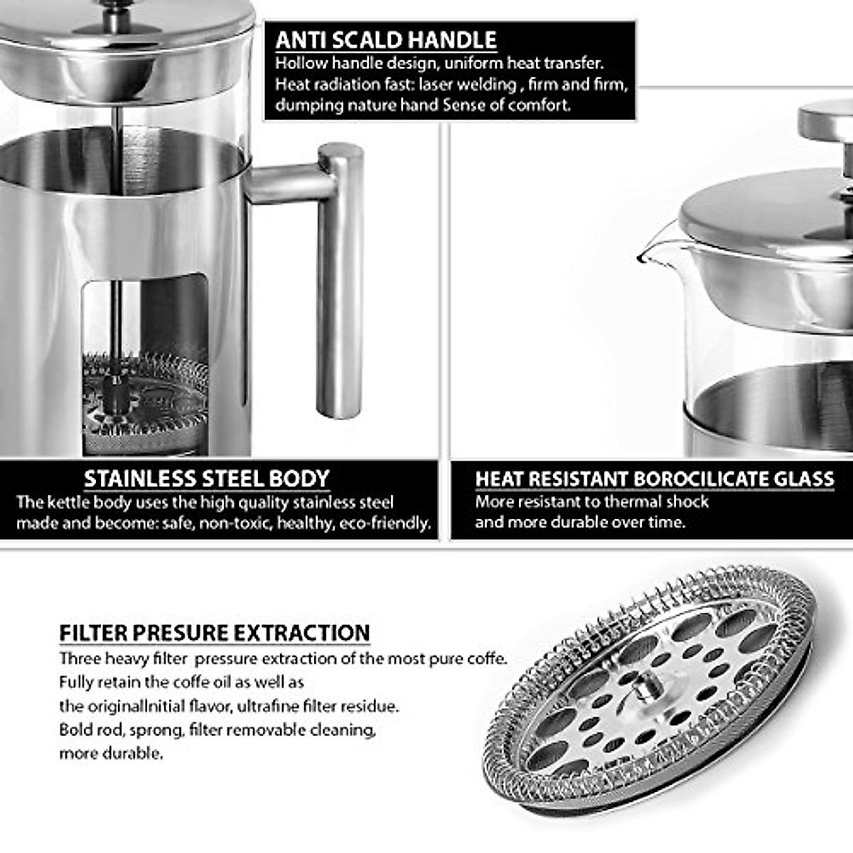 Rodolffo French Press Coffee Maker 34 Ounce with Stainless Steel 18/8 incudes Borosilicate Glass Cup & Stainless Steel Strainer. Creates Exceptional Taste & Purity. Enjoy Perfect Coffee