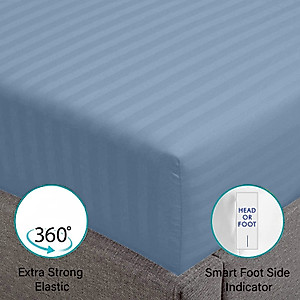 Feather & Stitch 500 TC King Size Damask Bed Sheet Set, 100% Soft Cotton Breathable Bedsheets, 18" Deep Pockets Sateen Weave Striped Bedding Mattress Resort Hotel Luxury Décor - (Blue, King)