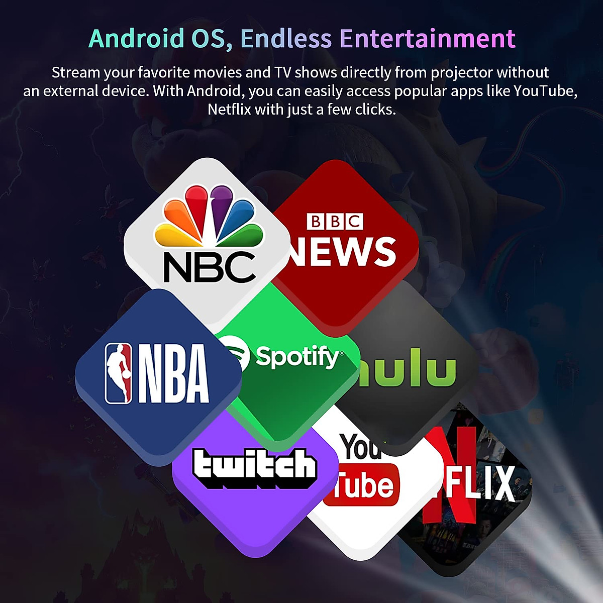 1080P WiFi Projector Android Full HD Movie Projector Home Cinema with Bluetooth HDMI 7500Lumen USB RCA LCD Smart TV Projector Wireless iOS Mirroring Phone Projectors Outdoor Indoor Gaming