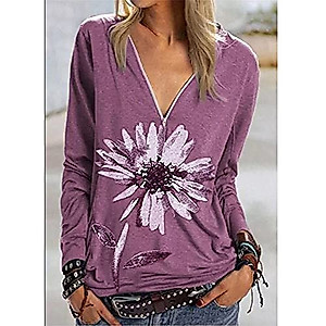 Mayntop Womens Tops Shirt Long Sleeve Big Flower Daisy Graphic Print Pattern Boho V-Neck Zipper Plus Size Loose Blouse(H Purple,M)