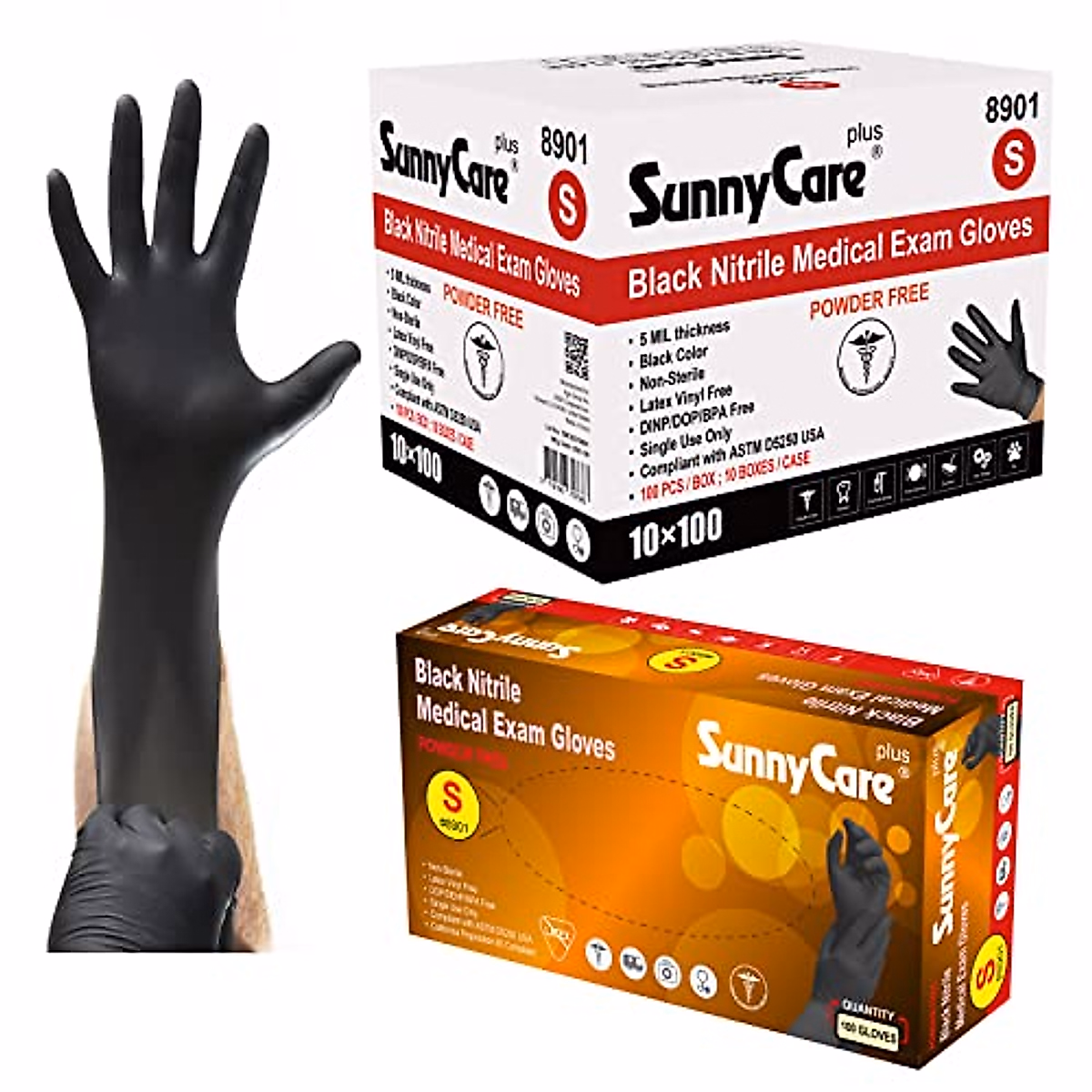 5.0 Mil SunnyCare #8901 Black Nitrile Medical Exam Gloves Powder Free Size: Small 1000pcs/case ;100pcs/box;10boxes/case