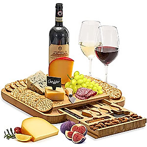 Cheese Board and Knife Set - Premium Quality Bamboo Charcuterie Platter for Slicing Cheese, Meat, Fruits, Vegetables - Hidden Drawer with 4 Stainless Steel Cutting and Serving Utensils - by Weegee