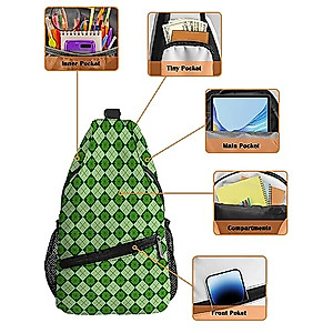 Sling Backpack, St. Patrick's Day Shamrock Green Diamond Lattice Waterproof Lightweight Small Sling Bag, Travel Chest Bag Crossbody Shoulder Bag Hiking Daypack for Women Men