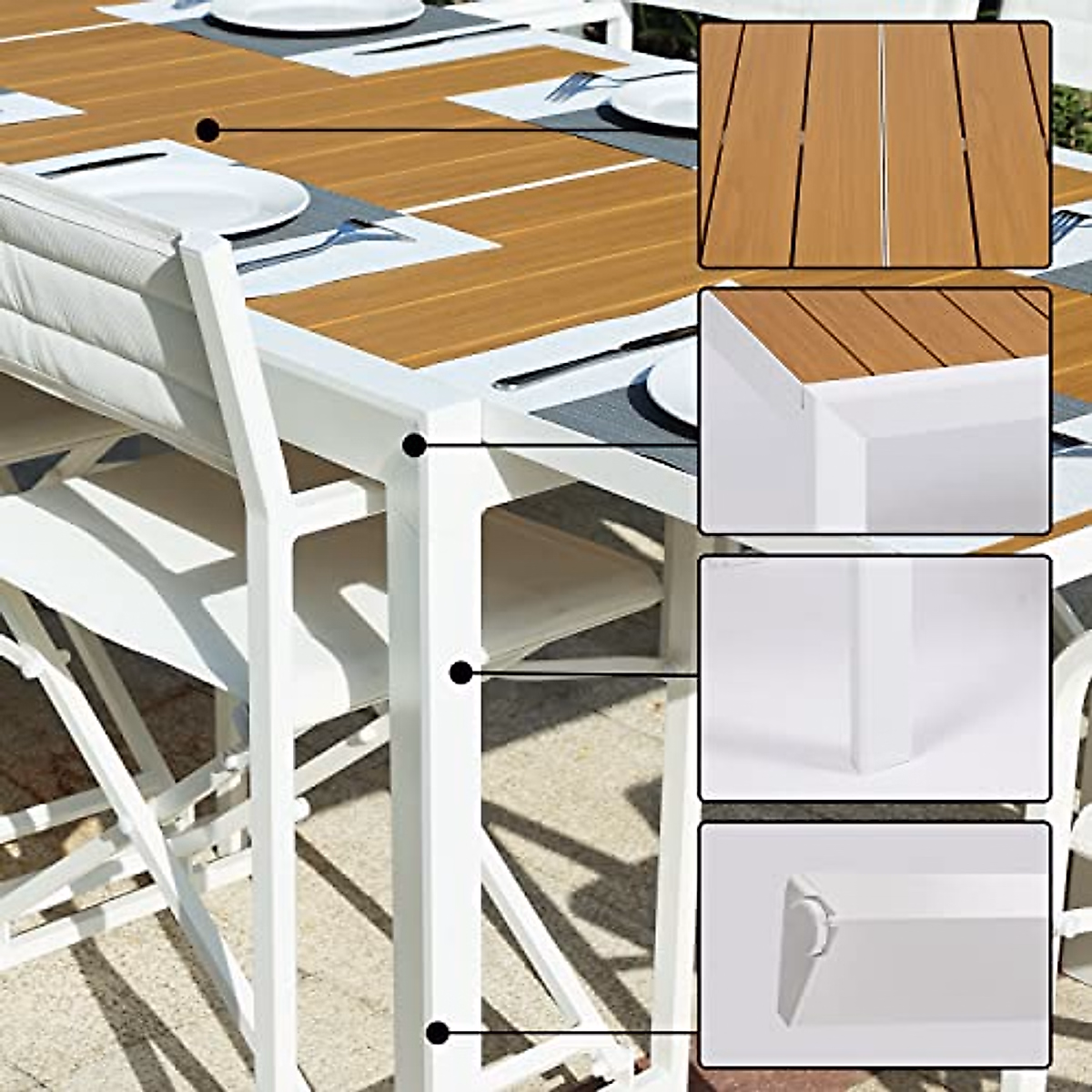 Aoodor Outdoor 6-10 Person Aluminum Patio Extendable Dining Table, Rectangular Table & 8 Chairs for Patio, Deck, Garden,Courtyard - Brown and White