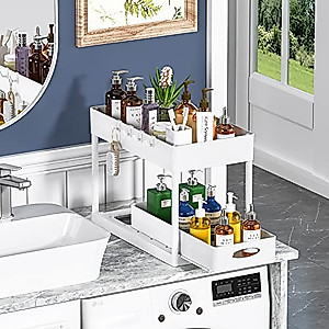 PUILUO Under Sliding Cabinet Basket Organizer, 2 Tier Under Sink Organizers White Under Sink Storage for Bathroom Kitchen