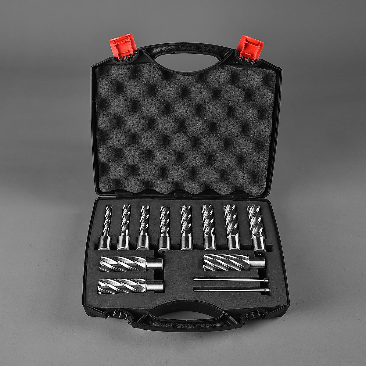 Annular Cutter Set 13 pcs JESTUOUS 3/4 Inch Weldon Shank 2 Cutting Depth and Cutting Diameter from 7/16 to 1-1/16 for Drill Press HSS Standard Kit Two Flat with 2 Pilot Pins