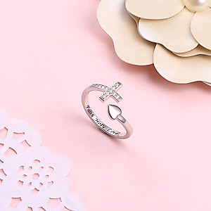 Yearace Cross Rings 925 Sterling Silver CZ Adjustable Faith Hope Love Cross Open Ring for Women Men Sideways Cross Christian Religious Stackable Ring- US Size 6